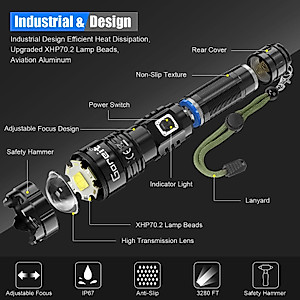 Goreit Flashlights High Lumens Rechargeable, 950000 Lumen XHP70.2 LED Flashlight USB Super Bright Flash Lights, High Powered Handheld Flashlights for Emergencies Camping, Waterproof, Adjustable Focus