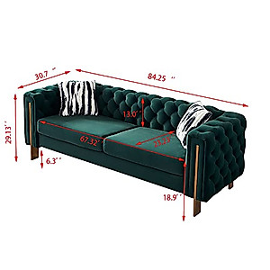 CALABASH Green Velvet Couch, Chesterfield Sofa 84 Inch Living Room Mid-Century Modern Tufted Velvet Gold Metal Legs and 2 Throw Pillows (Green)