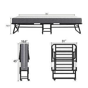 Espsilto Folding Bed with Mattress, 75" x31‘’RollAway Bed for Adults, Portable Foldable Bed for Guest with Memory Foam Mattress on Wheels for Saving Space