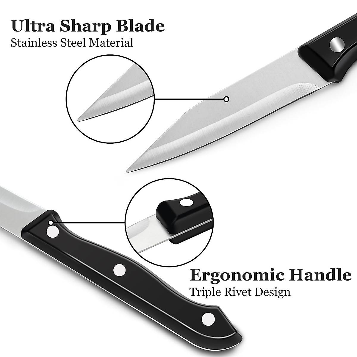 BEWOS 4-Piece Paring Knife Set, 3.5 Inch Paring Knives with Ergonomic Handle, Triple Rivet Paring Knife, Cutting Knife & Peeling Knife for Vegetable and Fruit, Kitchen Knives, Stainless Steel/Black