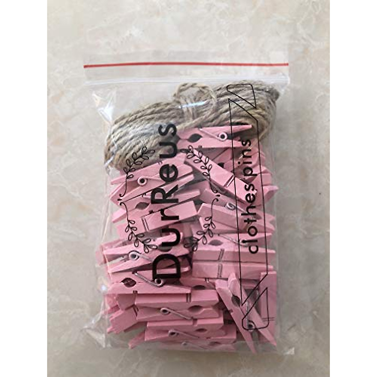 DurReus Tiny Clothes Pins Colorful Hang Up Photographs Drawings Party Clips Decor Baby Shower Game with Twine Pack 50 Pink
