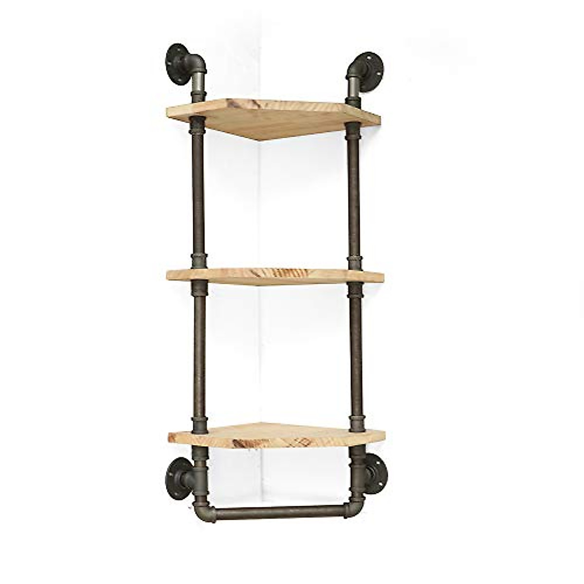 KINMADE Industrial Pipe Shelf, Rustic Corner Shelves with Towel Bar,Bathroom Shelves Wall Mounted,3 Tiered Metal&Real Wood Home Decor Floating Shelves