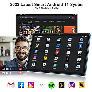 Oangcc 10.1" Android 11 Tablet, 2 in 1 Tablet 4GB RAM 64GB ROM (Up to 128G) Dual Camera Computer Tablet PC with Bluetooth Keyboard | Wireless Mouse | Stylus | Case | and More - Blue