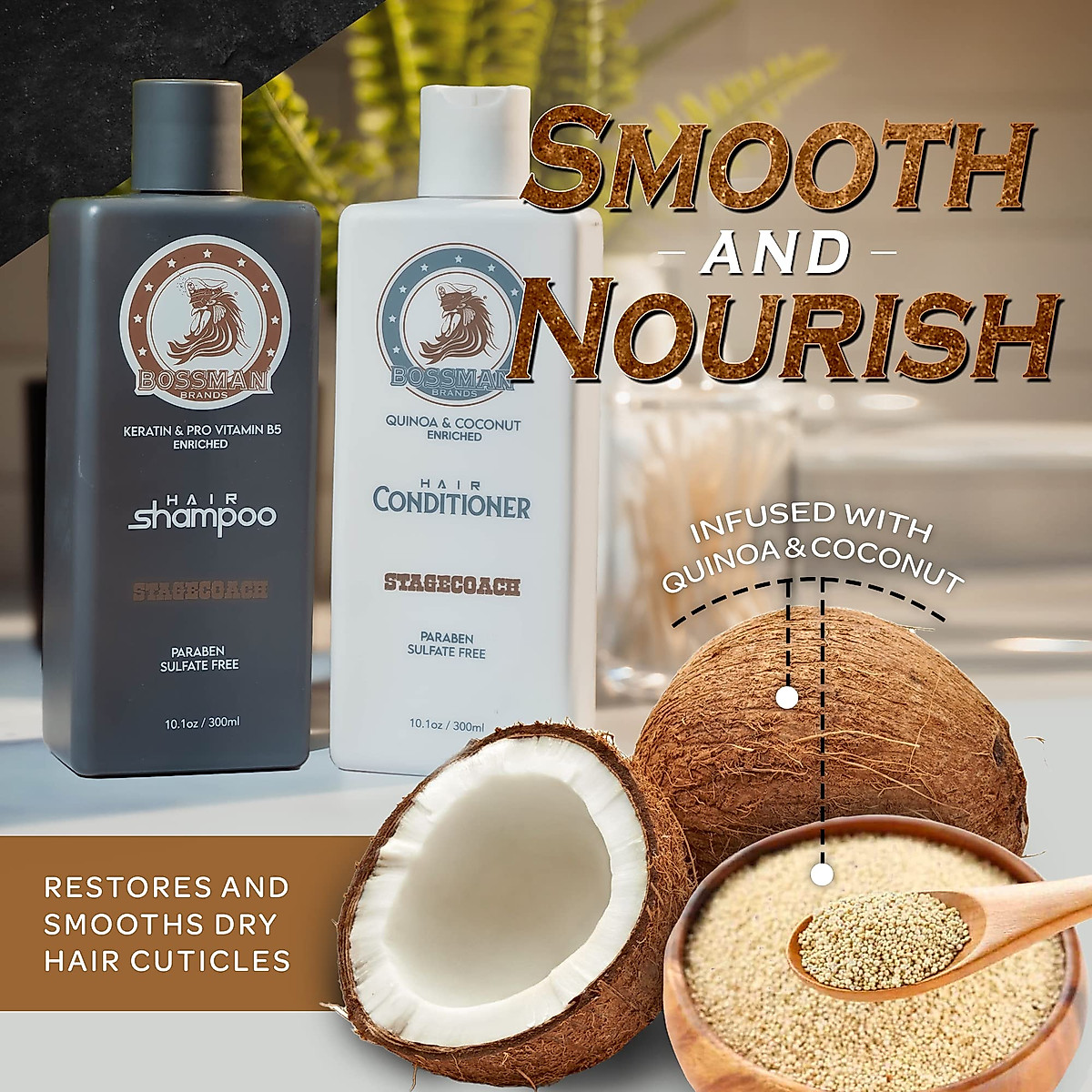 Bossman Hair Shampoo and Conditioner Combo - Hydrating, Strengthening, and Soothing Formula for Men's Hair - Paraben Free & Sulfate Free (Stagecoach)