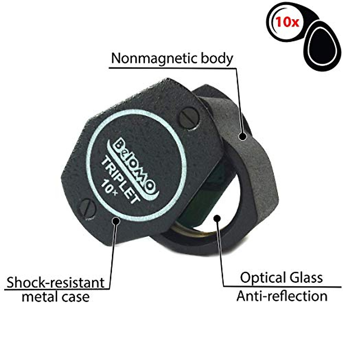 BelOMO Jewelers Loupe 10x Triplet Magnifier 21mm (.85"). Optical Glass with Anti-Reflection Coating for a Bright, Clear and Color Correct View. Foldable Loupe for Gems, Jewelry, Coins and Trichomes