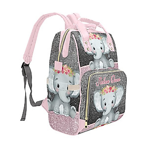 Girl Elephant Pink Gray Personalized Diaper Backpack with Name,Custom Travel DayPack for Nappy Mommy Nursing Baby Bag One Size