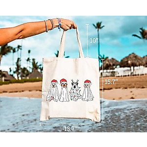 GXVUIS Christmas Ghost Dog Canvas Tote Bag for Women Aesthetic Party Reusable Grocery Shoulder Shopping Bags Dogs Mom Gift White