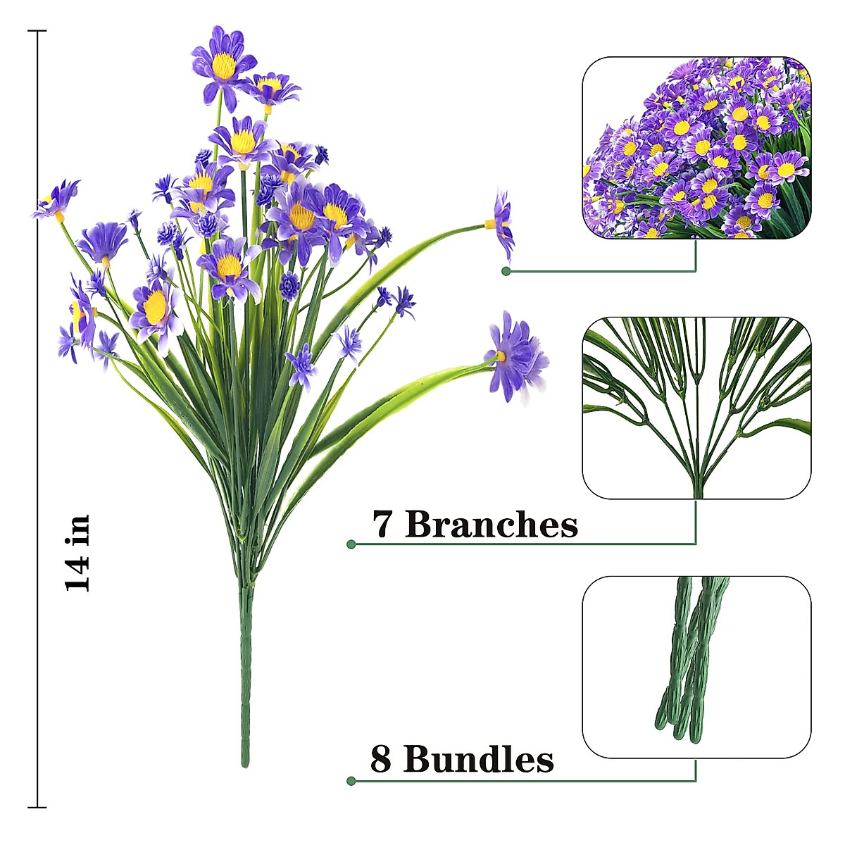 NOV FIRE Artificial Daisies Flowers,Artificial Flowers Outdoor,8 Bundles UV Resistant Faux Flowers Outdoor,Fake Plastic Flowers Shrubs for Indoor Outside Decor(Purple)