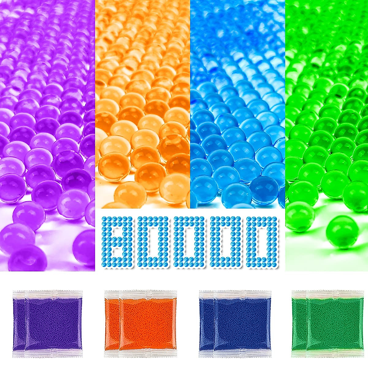 Banvih Gel Gun Blaster Refill Ammo - 7-8mm, 8Pack, 80000 Pieces, 7.5mm Splatter Water Balls Beads Bullets Compatible for Splatrball, Splat Gun, Orby Gun Etc - Blue Green Purple Orange, for Ages 14+