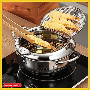 BestAlice Deep Fryer Pot, 10in(3.4L) Stainless Steel Frying Pot, Upgrade Deep Fryer Pot with Thermometer, Japanese Small Deep Frying Pot with Oil Drip Drainer Rack for French Fries Fish Chicken