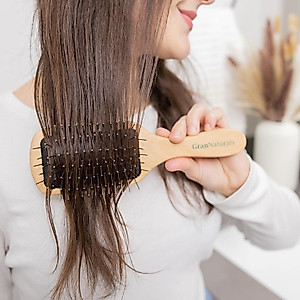 GranNaturals Metal Pin Bristle Hair Brush - Detangling, Anti-Static Paddle Grooming Tool - Rounded Steel Bristles, Ergonomic Wooden Handle - Scalp Massaging Comb - For Normal, Curly, Thick Hair, Wigs