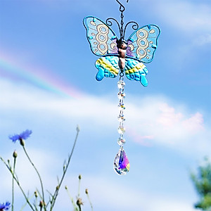 Set 2 Metal Butterfly Suncatchers for Windows - 14" Outdoor Fence Wall Art Decor, Rainbow Prisms Sun Catchers with Crystals Hanging for Home Garden Ornament