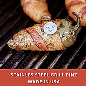 GRILL PINZ- Stainless Steel Reusable Food & Steak Markers- Attach & Combine Food While Grilling (Better Than Grill Skewers or Steak Picks) Made in USA - Pack of 8 Pinz with Hardwood Storage Block