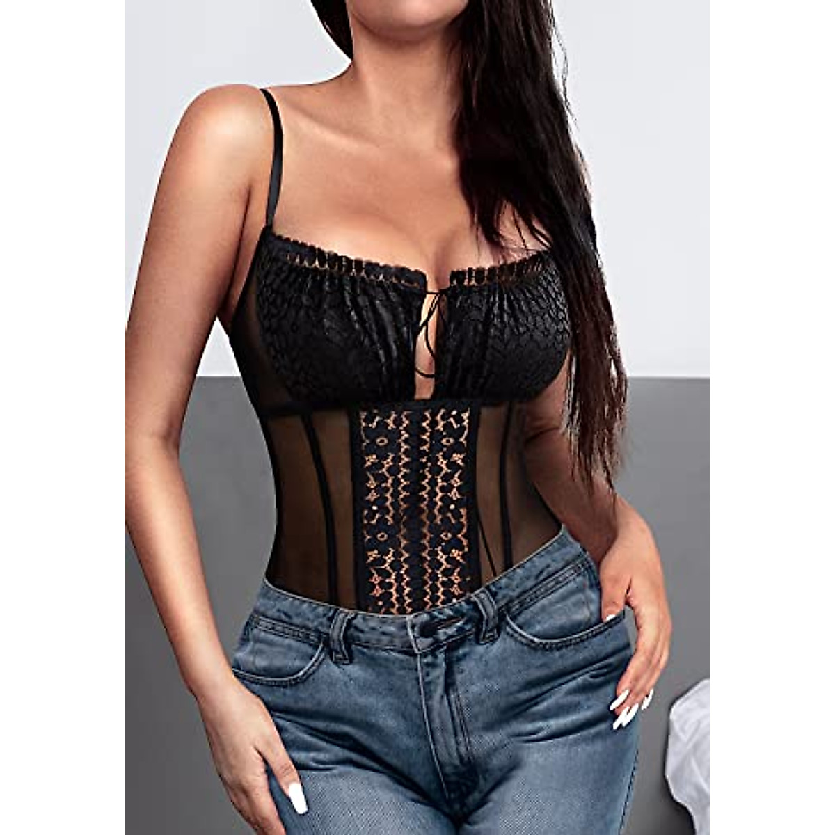 ACELANDY Women Corset Lingerie Bodysuit Set & Plus Size Corset Lingerie Tummy Control Sexy Lingerie for Women Black