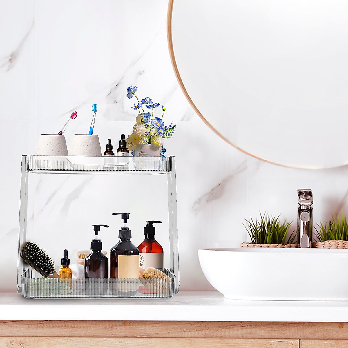 Happnear Bathroom Organizer Countertop, 2 Tier Countertop Organizer for Bathroom Counter, Bathroom Counter Organizer for Vanity Perfume Tray, Cosmetics Skincare Storage, (White)