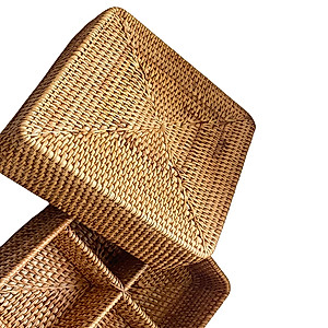 i-lan 4-compartment Squre Woven Natural Wicker Storage Basket Box without Lid, 4 Divided Rattan Basket Organizer for Countertops,Shelf,Snacks,Candy,Nuts and Other Accessories.