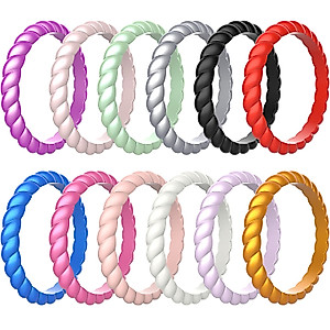 Zollen 12 Packs Silicone Wedding Rings for Women, Thin Braided Rubber Wedding Bands Stackable Ring, Hypoallergenic Silicone, Size 6