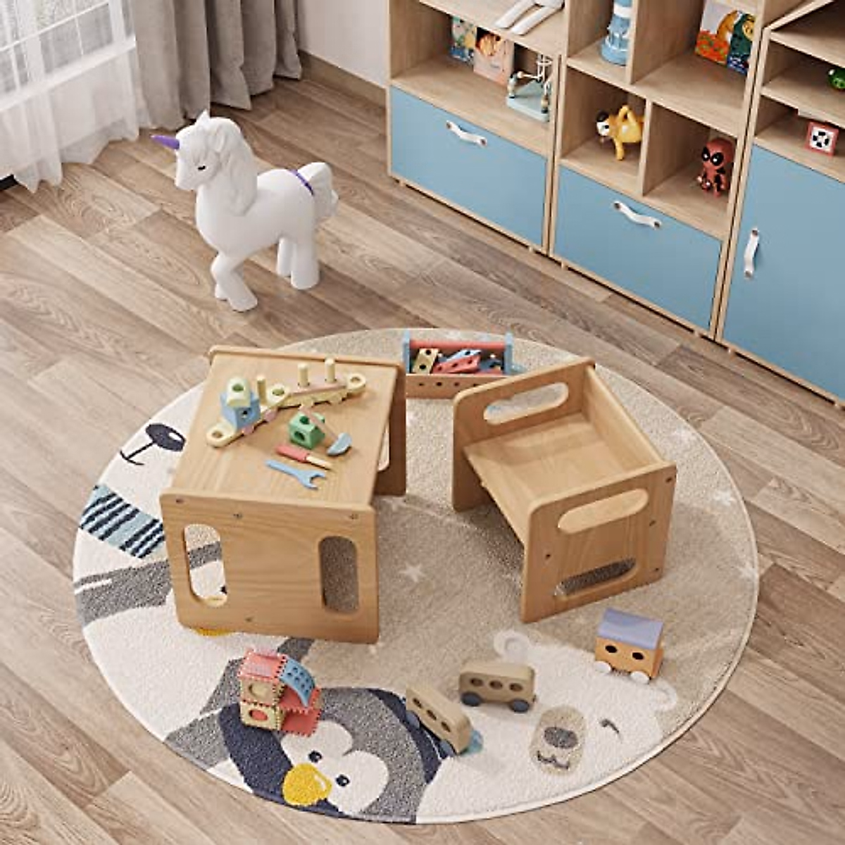 ERUGI Montessori Weaning Table and Chair Set,Real Hardwood, Desk for Toddler Reading,Snack Time,Playroom,Activity Cube,Step Stool,1-3 Year Old Kids Montessori Furniture