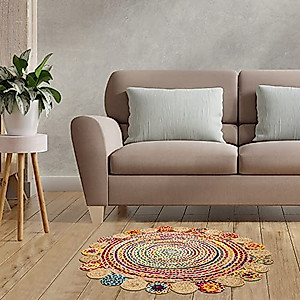 NAQSH Handcrafted Reversible Cotton Braided Area Rug -2 Ft Multicolor Hand Woven Braided Rug Rag (2 Feet, Multi Fancy Jute+Cotton)