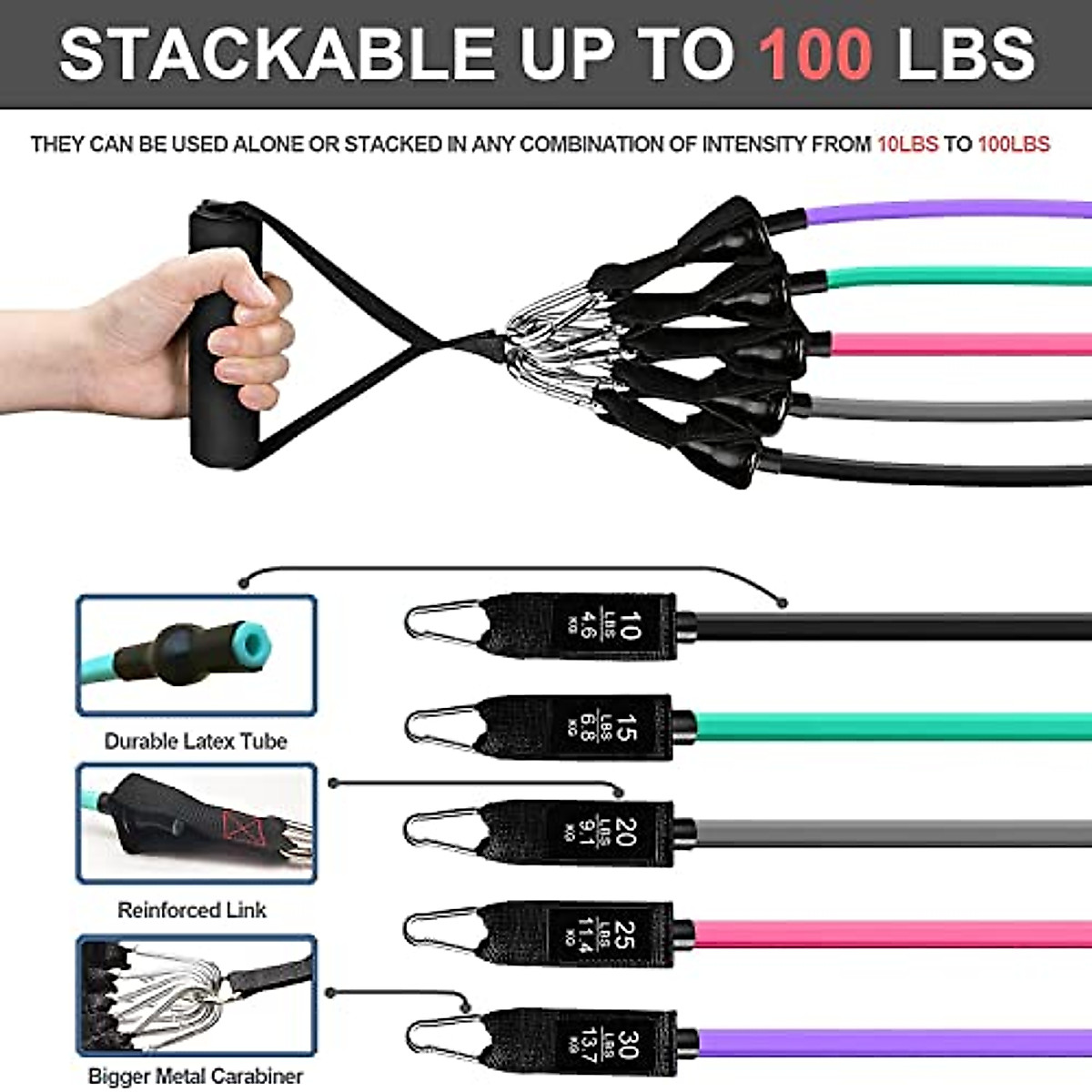Exercise Resistance Bands Set for Women, Home Gym Fitness Workout Bands 11PCS with Fitness Tubes, Foam Handles, Ankle Straps, Door Anchor, Carrying Pouch for Yoga, Physical Therapy, Up to 100 lbs