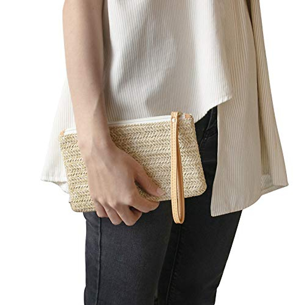 AUEAR, Women's Hand Wrist Type Straw Clutch Bag Bohemian Summer Beach Sea Handbag Purse Zipper Wristlet