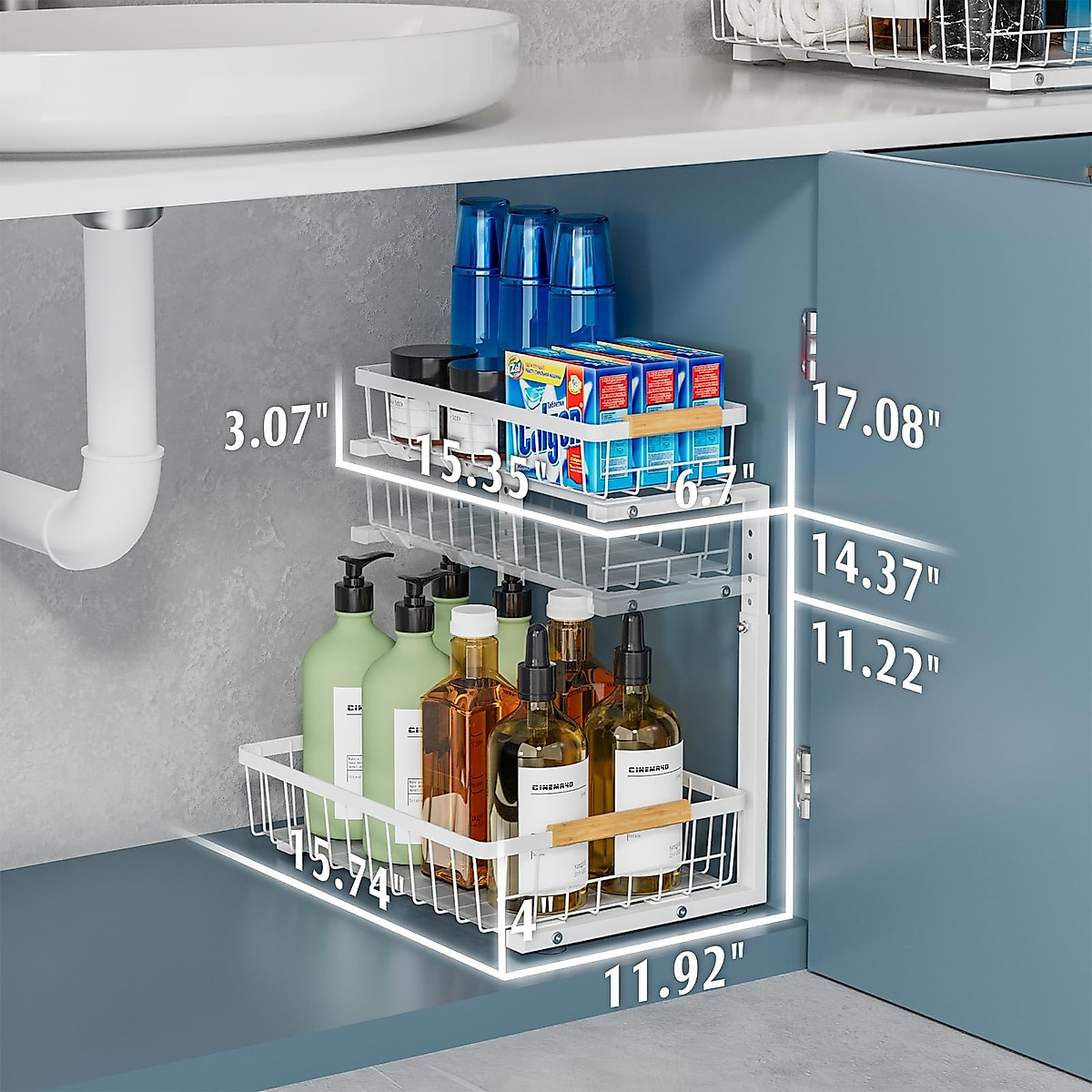 VERIFOST 2 Pack Under Sink Organizers and Storage, Height Adjustable Cabinet Organizer Pull Out Drawer, 2 Tier Metal Under Kitchen Bathroom Sink Organizer, White