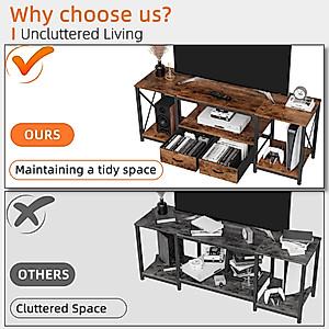 GYIIYUO TV Stand with Fabric Drawers for 65 70 75 Inches TV - Entertainment Center and Industrial TV Console Table with Open Storage Shelves for Living Room, Bedroom - 63" Rustic Brown