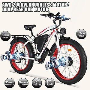 Lanshanchu Electric Bike for Adults, Dual Motor AWD 2000W 35MPH Electric Bicycles, Removable Lithium Battery 48V/22.4AH, 21-Speed with Ignition Lock Hydraulic Disc Brake