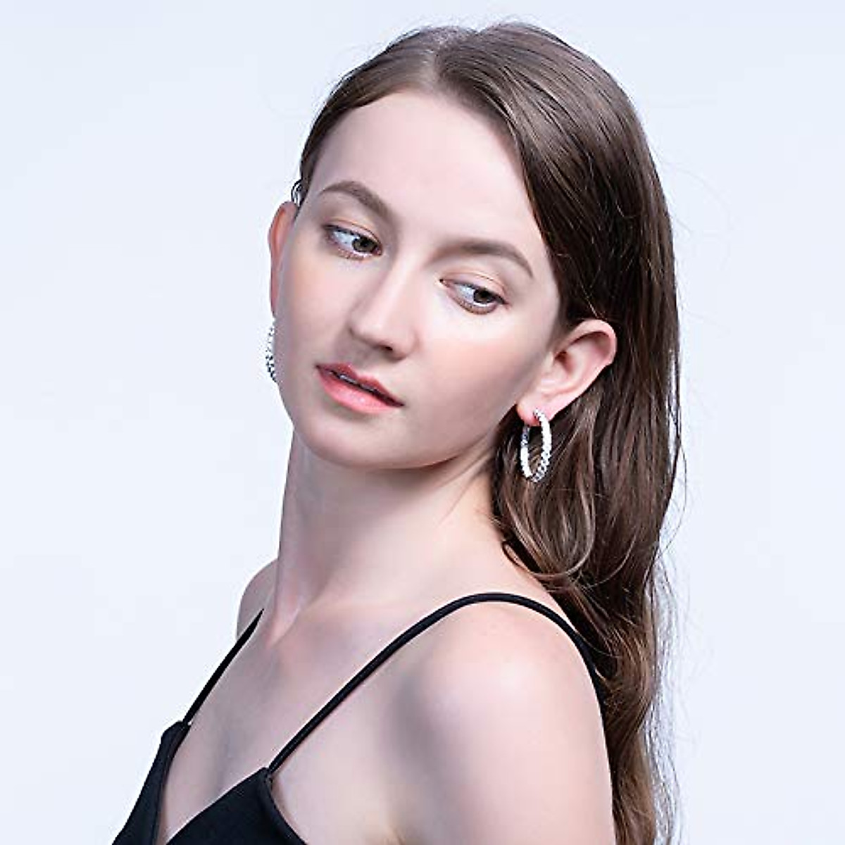 S925 Sterling Silver Single Row Round Solitaire Cubic Zirconia Rhodium Plated 'In and Out' Woman Man Hoop Huggie Earring Honest Mantra SE221