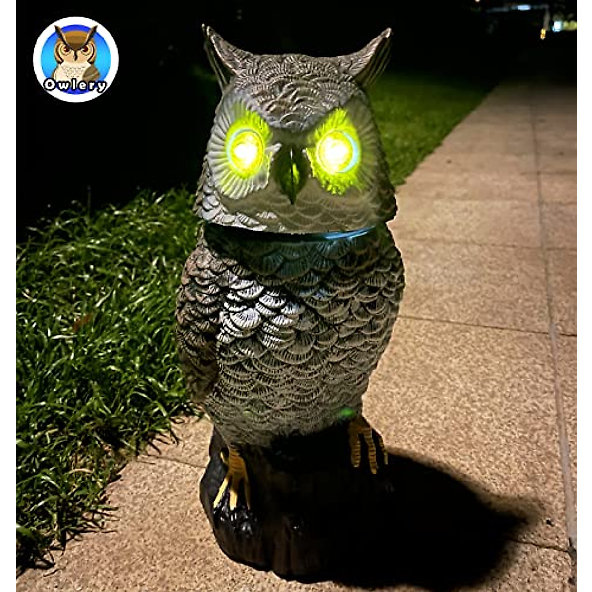Owlery Solar Owl with Flashing Eyes, Rotating Head and Realistic Tweets, Plastic Owl Decoration for Home, Garden, Patio and Fence, 15 in x 5.5 in x 5.5 in