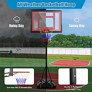 GYMAX Portable Basketball Hoop, 5 FT to 10 FT Adjustable Basketball Goal with 10 Heights, All Weather Basketball Stand System with Weight Bag & Wheels, for Kids Youth Adult, Indoor Outdoor Pool, Court