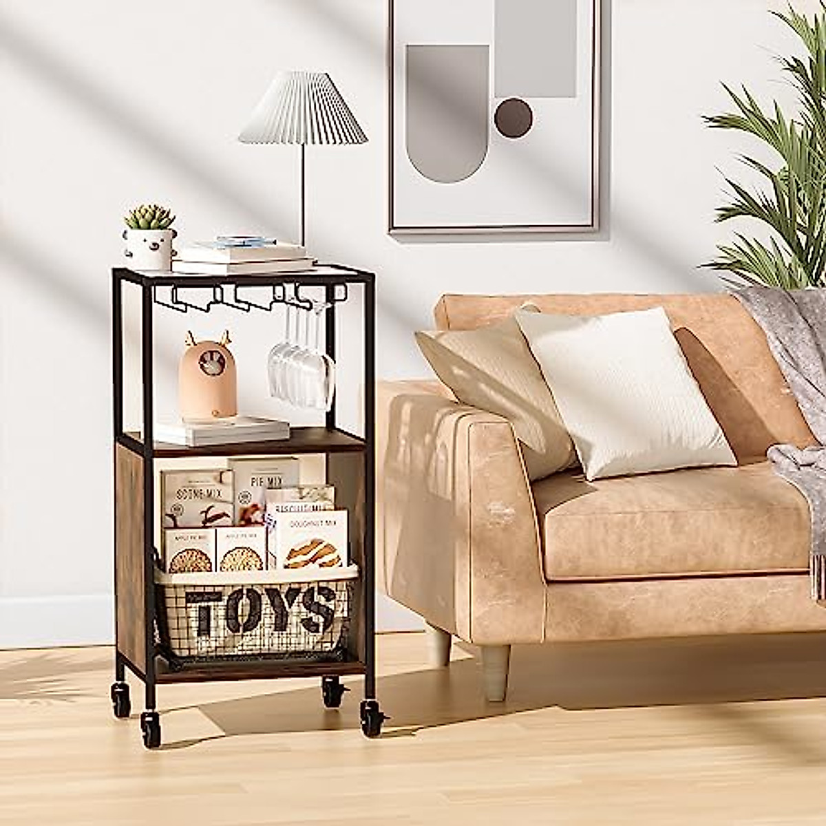 SZLHANJZ Wine Cart, Small Liquor Cart with Glass Holder, Rolling Side Table for Beverage Serving, Wood and Metal Bar Cart with Wine Rack for Home Bar, Kitchen, Living Room, Rustic Brown