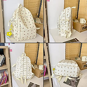 kakarin choyx Cute Backpack 16.1 Inch Kawaii Backpack Mori Art Floral Backpack With Pendant Aesthetic Backpack Classic Casual Computer Backpack (White)