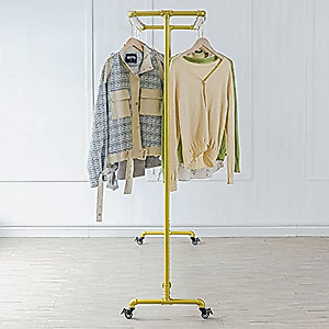 CIVANA Industrial Pipe Clothing Rack, Gold Garment Rack with Wheels, Commercial Clothes Hanging Rod, Home Cloth Organizer, Steampunk Display Hanger for Boutique/Laundry, 63in