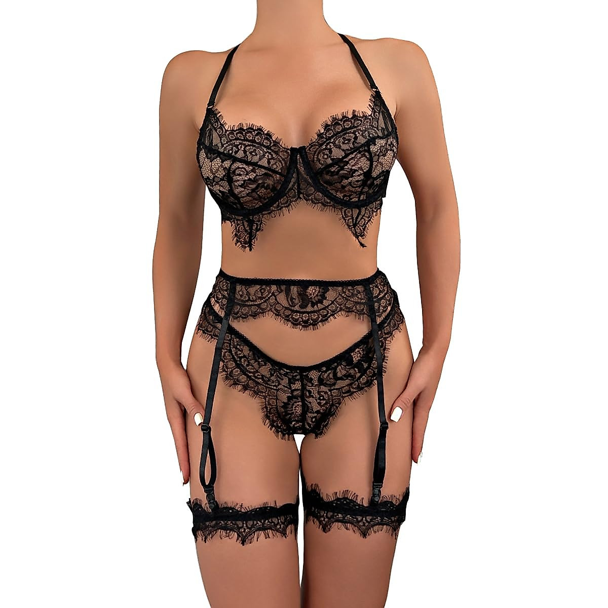 Lilosy Women Sexy Underwire Push Up Sheer Garter Belt Lingerie Set Floral Lace See Through Bra and Panty 3 Piece Eyelash Halter Black Medium