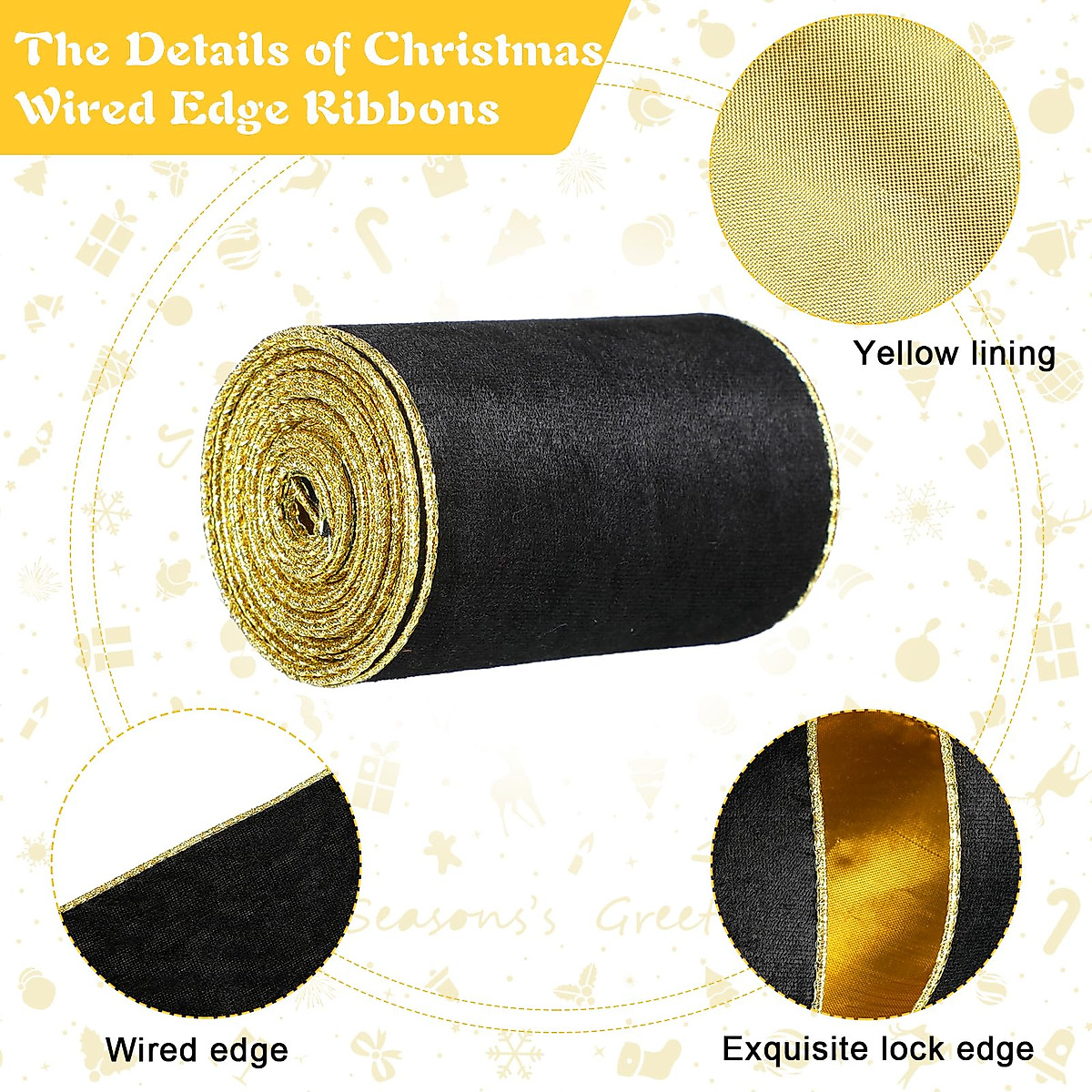 WILLBOND 2 Rolls Christmas Red Velvet Ribbon Wired Edge Trim Wrapping Fabric Christmas Ribbon for Gift Wrapping Bow Wedding Decoration Craft(4 Inch x 6 Yards,Black)