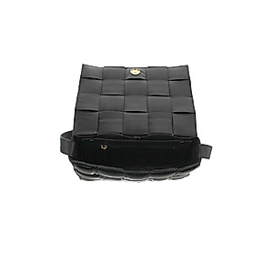 Olivia Miller Women Quilted Woven Black Faux Vegan Leather Front Flap Cassette Crossbody Shoulder Bag Adjustable Shoulder Strap Chic Square Designer Casual Purse Handbag