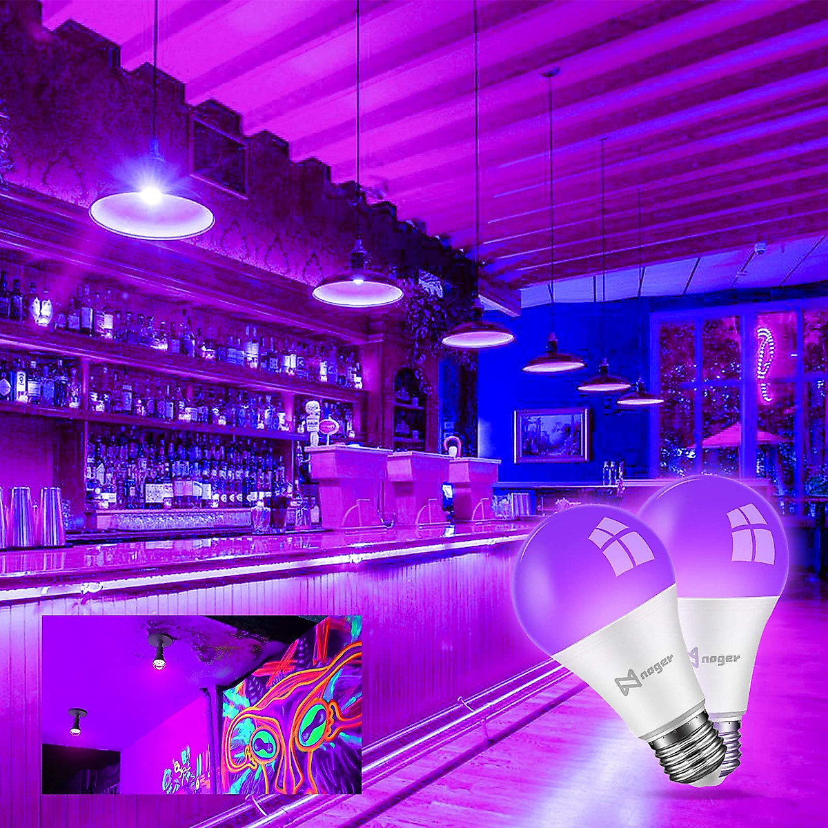 LED Black Lights Bulb, 9W A19 Led Bulb (75Watt Equivalent), UVA Level 380-400nm, E26 Medium Base 120V, Glow in The Dark for Blacklights Party, Body Paint, Fluorescent Poster- 4 Pack