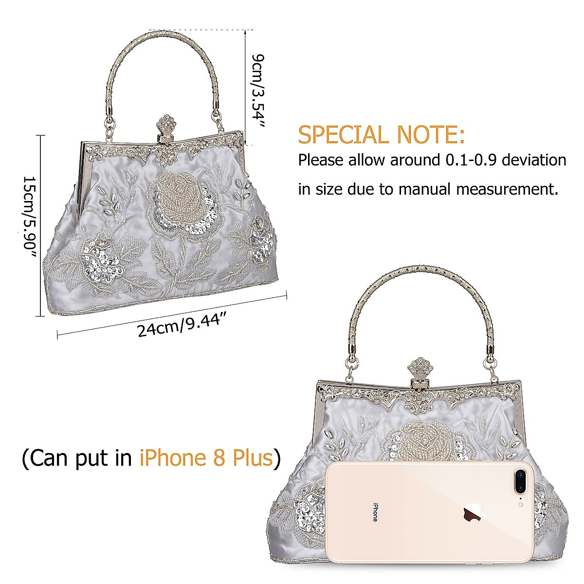 KISSCHIC Women's Handbag Vintage Rose Embroidered Beaded Sequin Evening Bag Wedding Party Clutch Purse (Silver)