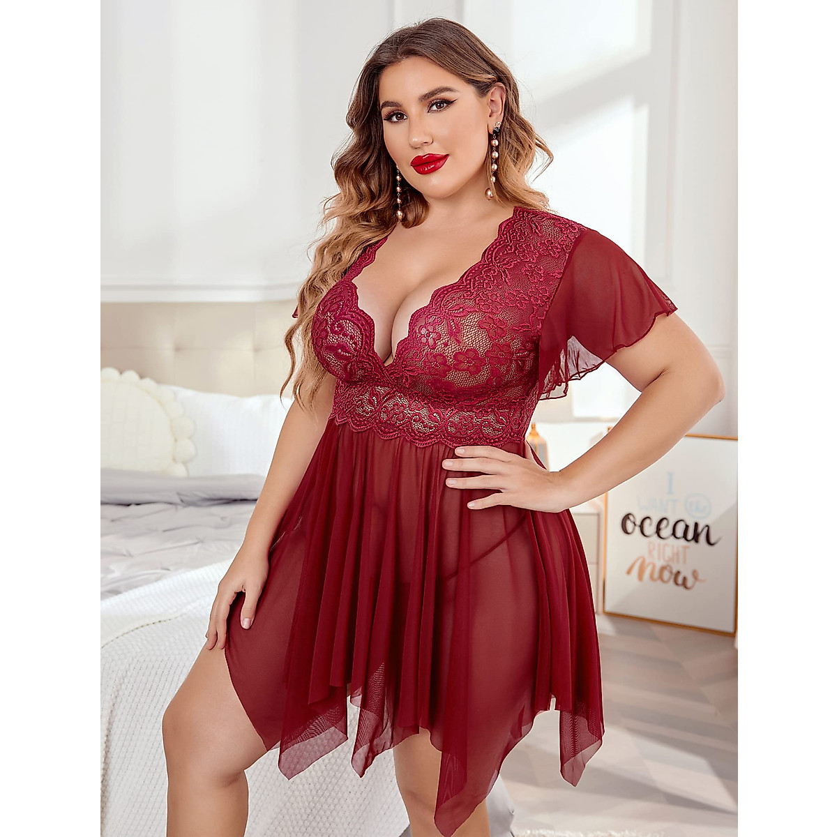 Avidlove Plus Lingerie for Women Lace Babydoll Sexy Chemise V Neck Mesh Sleepwear Dark Red