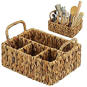 Wicker Flatware Storage Basket Utensil Caddy Hand Woven Divided Cutlery Holder Kitchen Utensil Organizer Water Hyacinth Silverware Organizer with Handle for Countertop Party, 10 x 7.9 x 3.9 Inch
