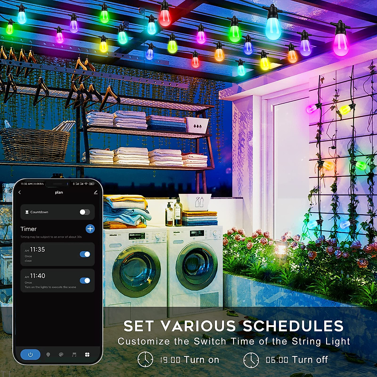 SOVELA Smart Outdoor String Lights, RGB String Lights 48ft 15 LED Bulbs, APP Control Compatible with Alexa, Music Sync Color Changing, Strand for Patio Backyard Garden Porch Wedding Paty