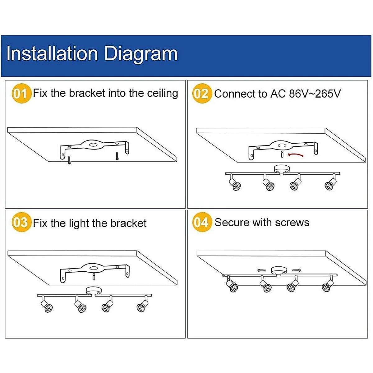 DLLT Modern LED 4 Light Track Lighting Kit, Flush Mount Wall or Ceiling Spot Lights Fixtures, Flexibly Adjustable Decorative Accent Lamp for Kitchen, Living Room, Bedroom, Hallway GU10 Bulbs Included