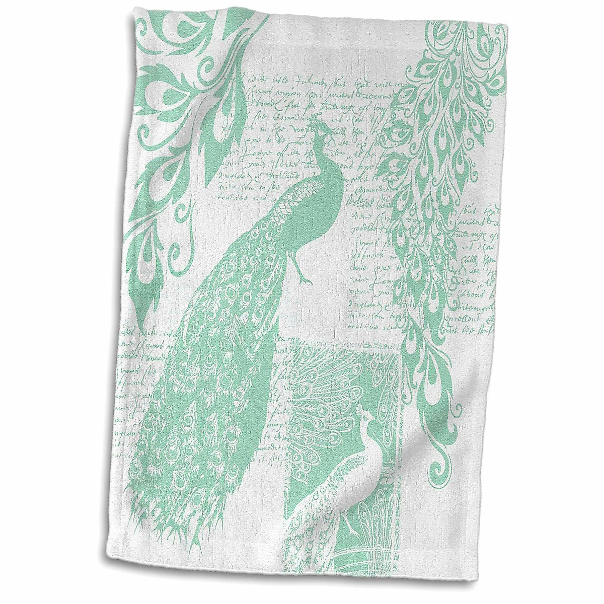 3D Rose Mint Green Vintage Peacock-Birds Hand/Sports Towel, 15 x 22