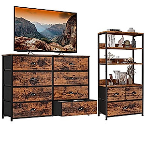 Furnulem 8 Drawer Dresser Wide 40'' Long, Storage Chest of Drawer for 50'' TV Stand and Tall Storage Shelf 4-Tier,Bookshelf Rack with 3 Fabric Storage Drawers