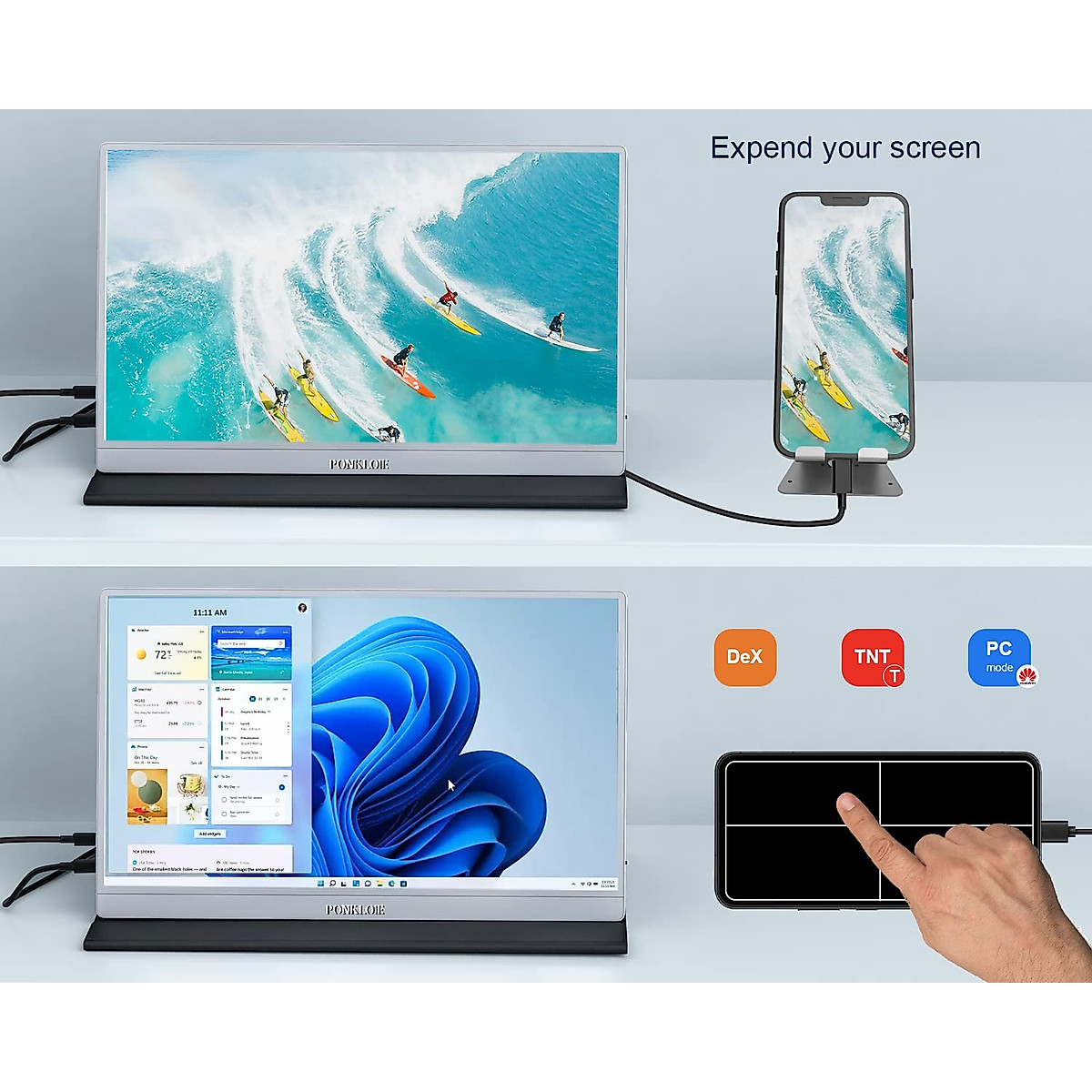 PONKLOIE 15.6" FHD 1080P Portable Gaming/Office Monitor, 178 Viewing Angle, 1.8 lbs, USB-C/HDMI, Freesync, Wall Mountable, Black