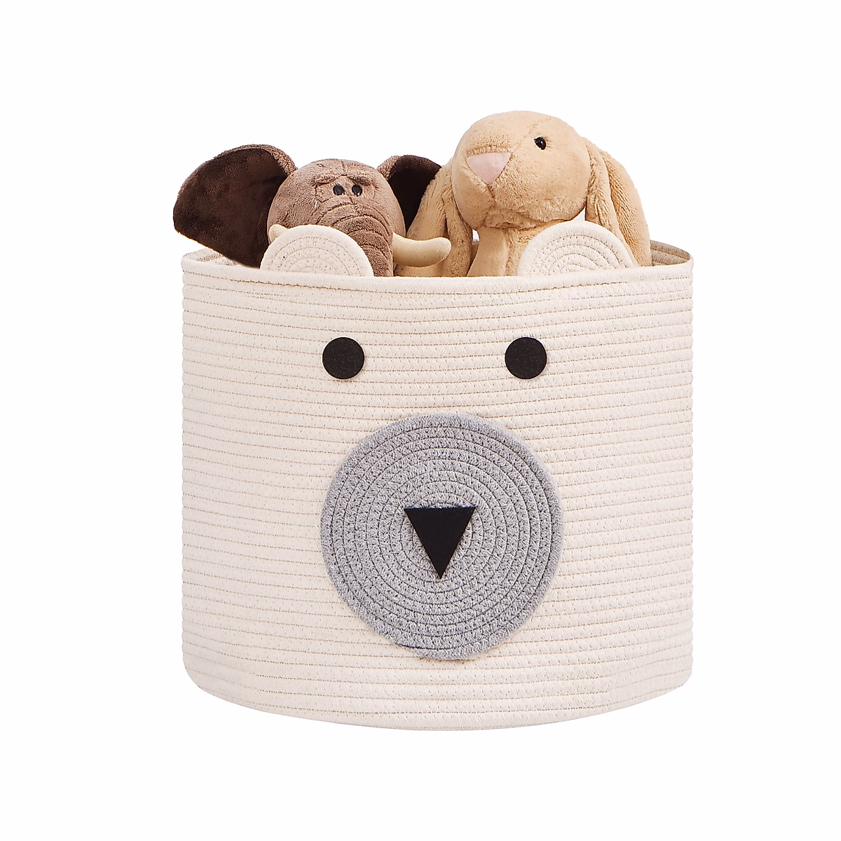 MELLBAY Cotton Rope Storage Basket, Cute Bear Toy Basket with Handles, Nursery Storage, Baby Laundry Basket, Clothes, Towels, Animal Baskets as Gift for Kids, christmas baskets, White, 16”(D) x 14”(H)