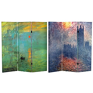 Red Lantern Double Sided Works of Monet Canvas Impression Sunrise/Houses of Parliament Folding Screen, 4 ft Short - 3 Panel, Multicolor
