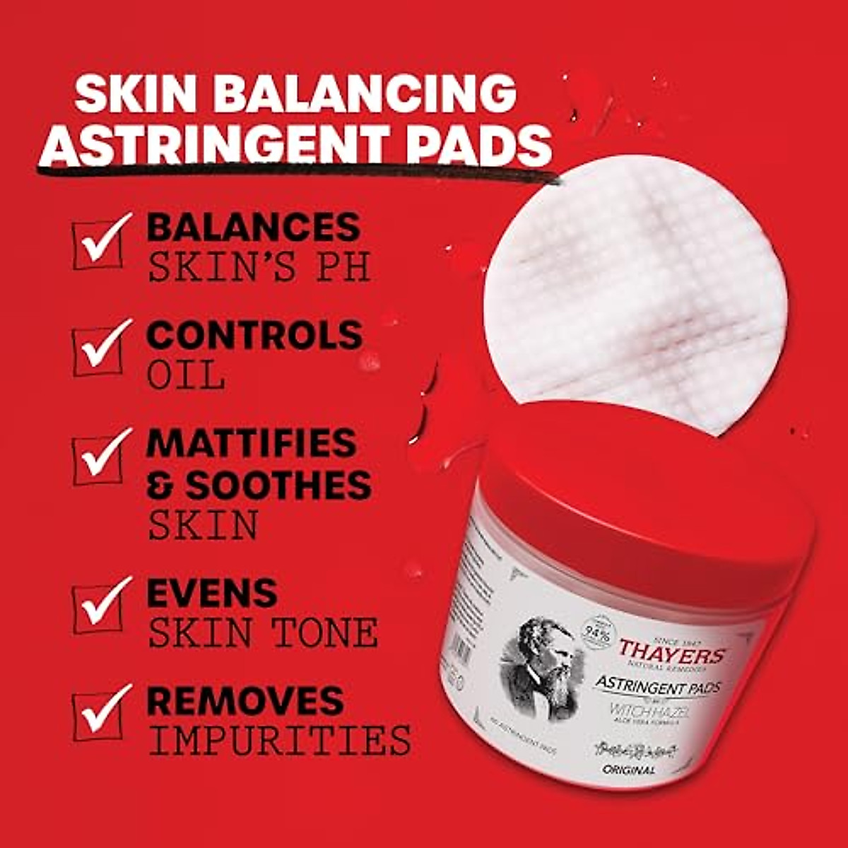 THAYERS Original Witch Hazel Astringent Pads with Aloe Vera Formula, 60 Count