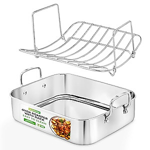 NutriChef Stainless Steel Roasting Pan with Lid and Polished Rack - Wide Wire Handles for a Confident Grip - Ideal for Thanksgiving, Tender Roasts, Deep Dishes, and More, 14.8'' x 11.6" x 3.7" IN
